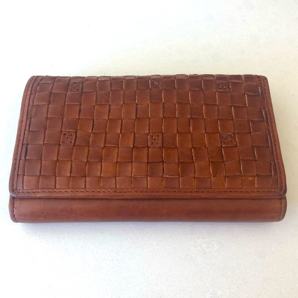 Bags | Woven Leather Trifold Wallet In Brown | Poshmark